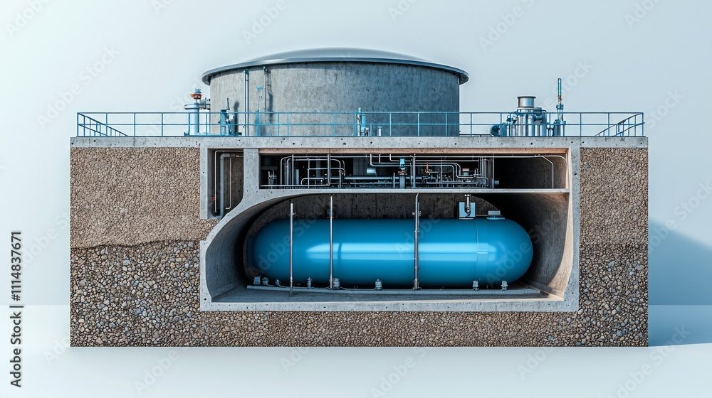 Póster Cross-section of a Biogas Reactor: Diagram-style cutaway of an ...