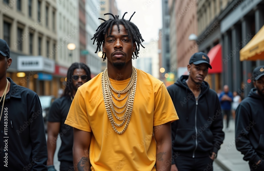 Stylish rapper group stands on urban city street. Group of young men ...