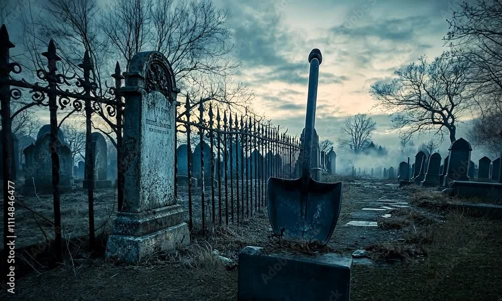 Eerie Graveyard Scene Under Dramatic Sky with Fog and Old Tombstones ...