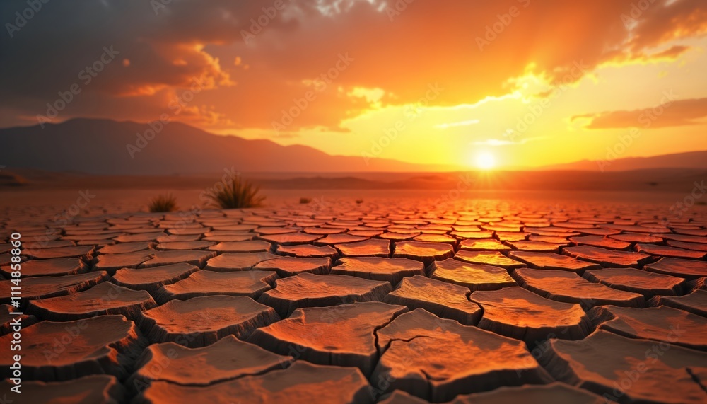 Dried cracked earth at sunset. Arid landscape reflects harsh climate ...