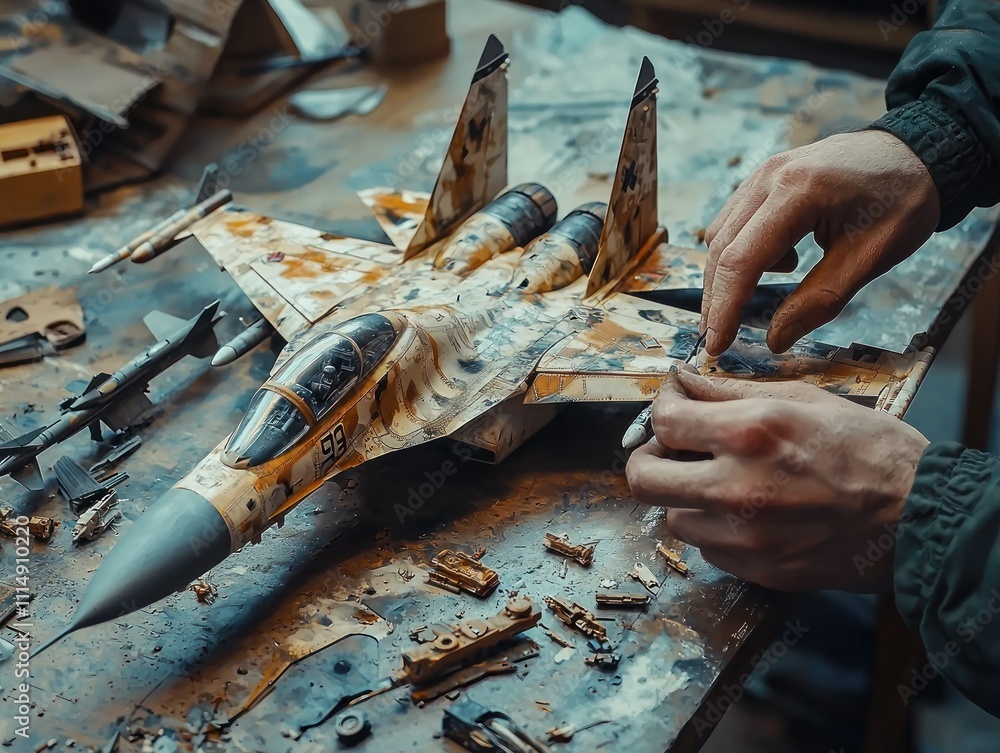 Model ship assembly of a fighter jet workshop table hobby project indoor environment low angle ...