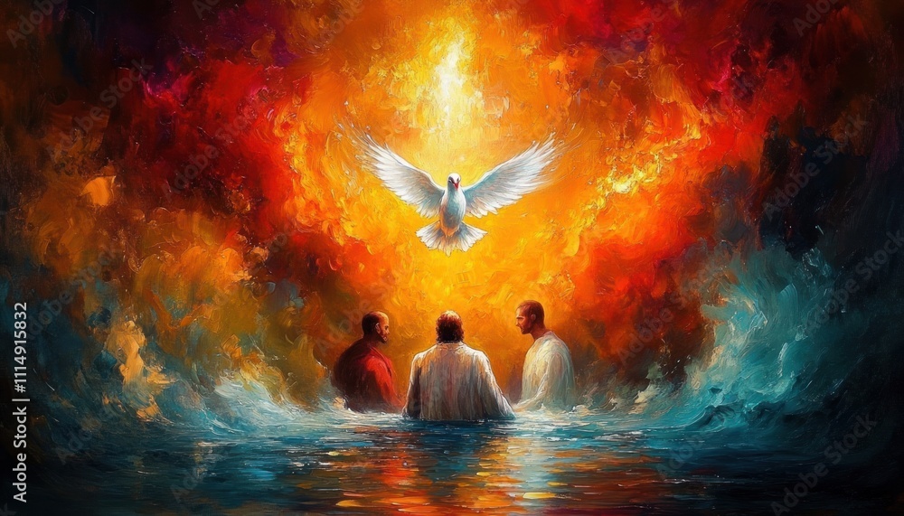 Baptism of Jesus by John the Baptist with Holy Spirit Descending as a ...
