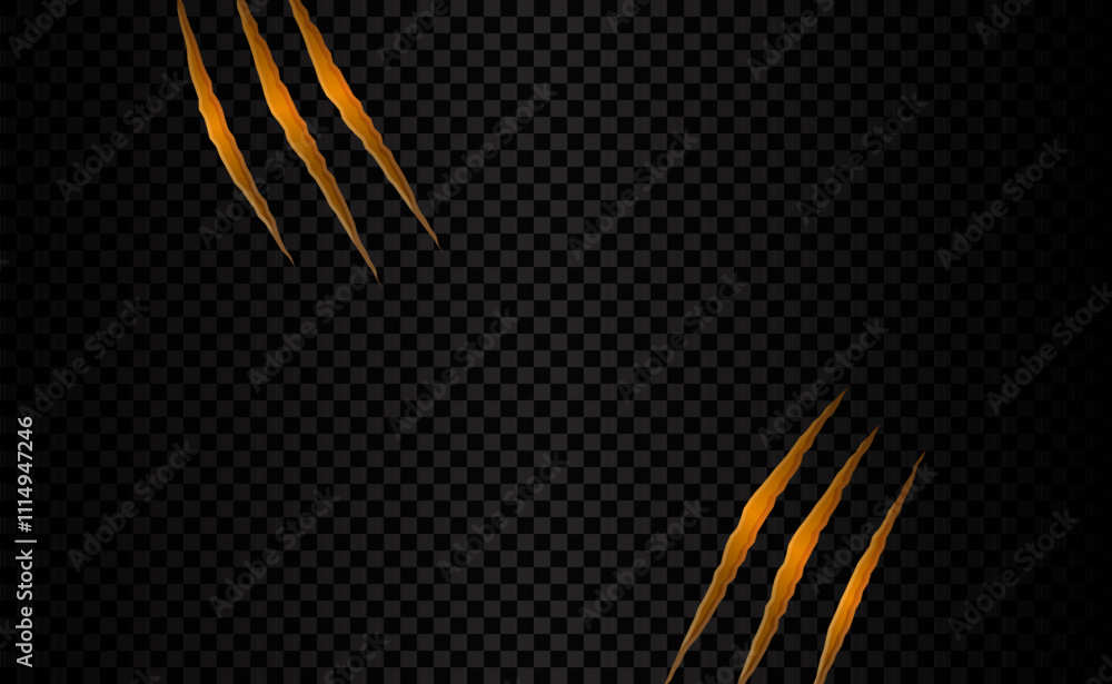 Poster Realistic claw scratch marks in orange on a transparent ...