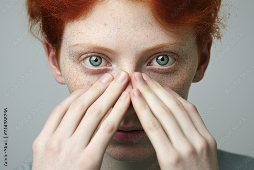 A person with short red hair and freckles covers one eye with their ...