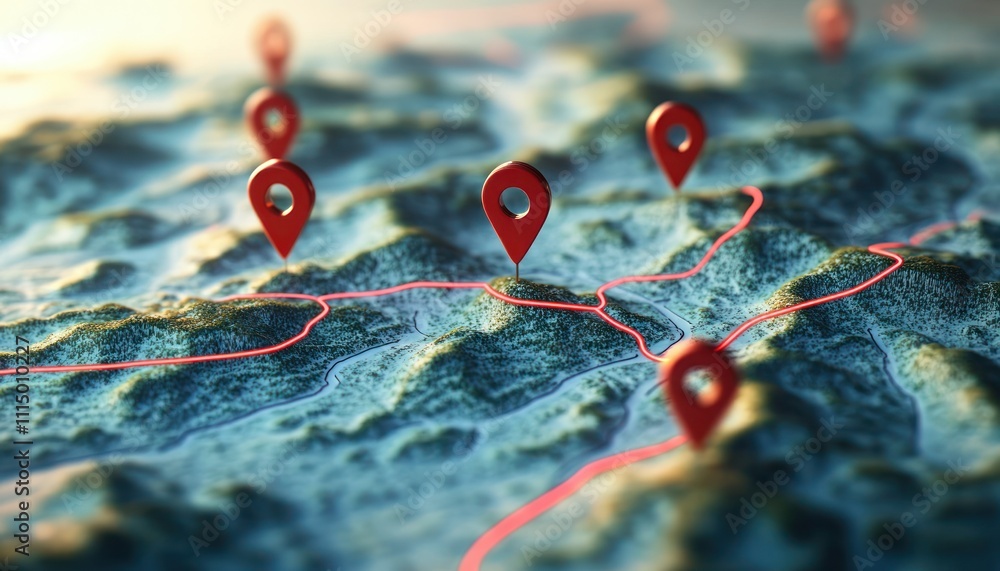 3D Topographical Map with Red Location Pins and Network Lines for GIS ...