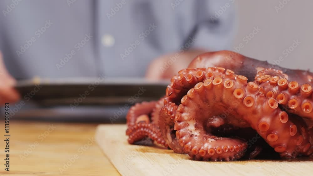 Octopus cooking, chef Boiling fresh octopus on restaurant kitchen ...