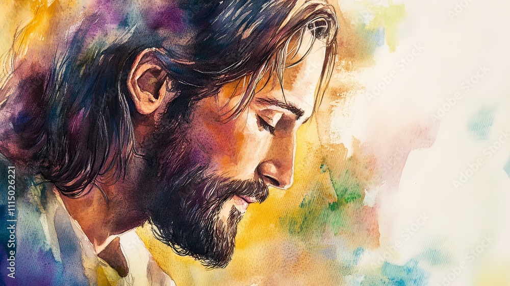 Portrait captures Jesus in a moment of deep prayer, showcasing an ...