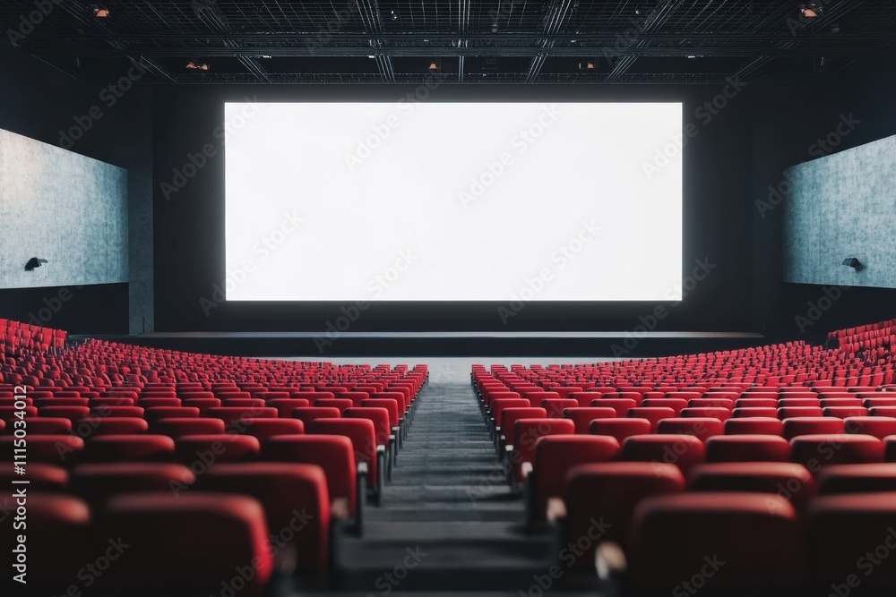 Empty Cinema Theater: Rows of red seats face a large blank screen in a modern movie theater ...
