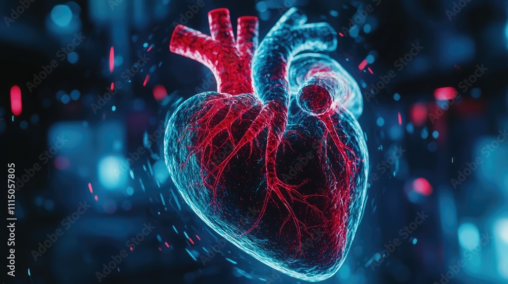 Close-up of a human heart hologram in a high-tech medical setting ...