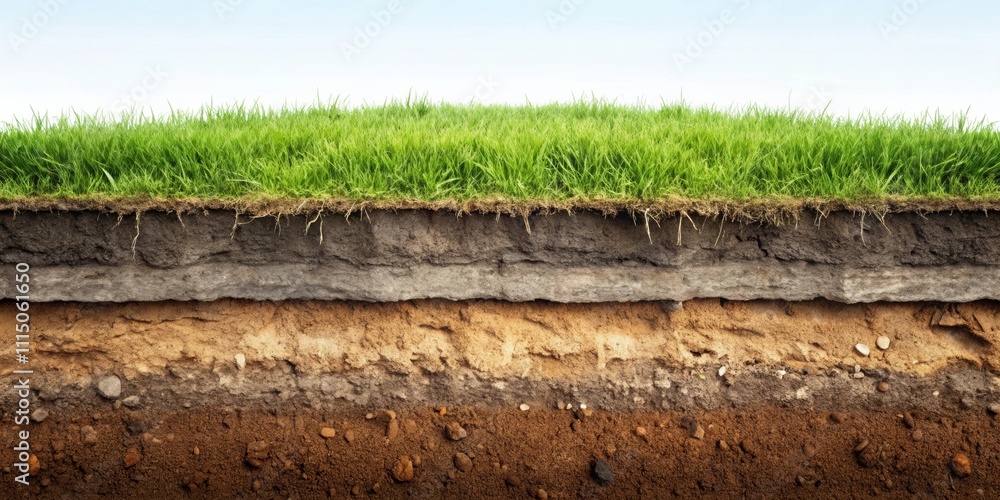 Cross section of soil layers with grass roots showing ecological ...