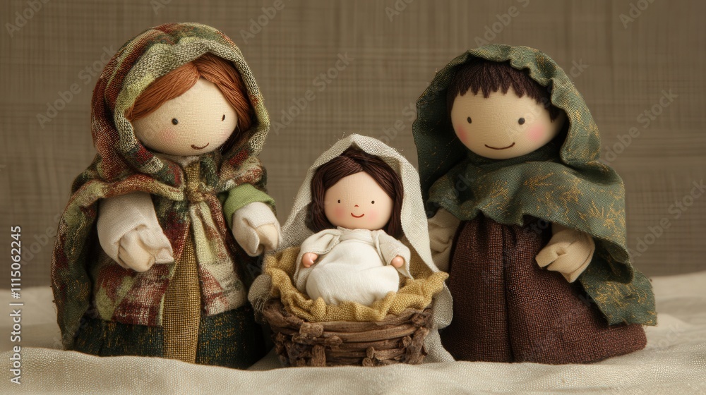 A traditional Christmas nativity set with dolls playing the roles of ...