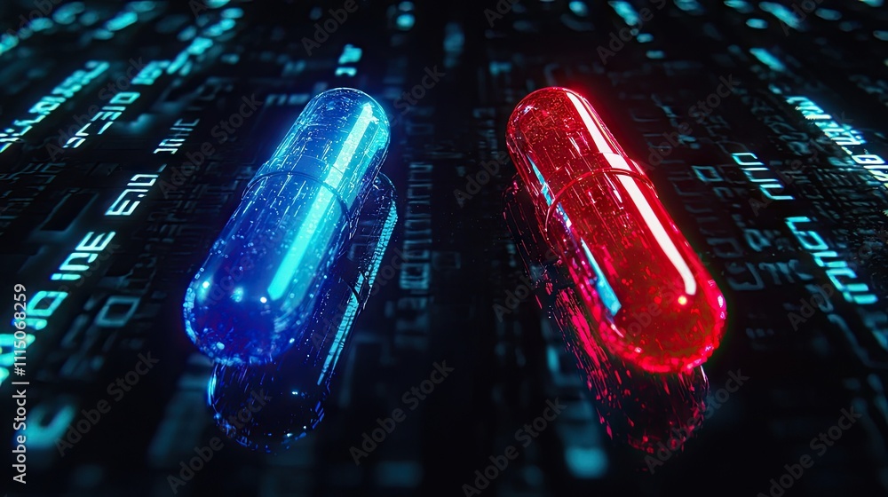 red pill and blue pill, matrix movie style scene, slightly transparent ...