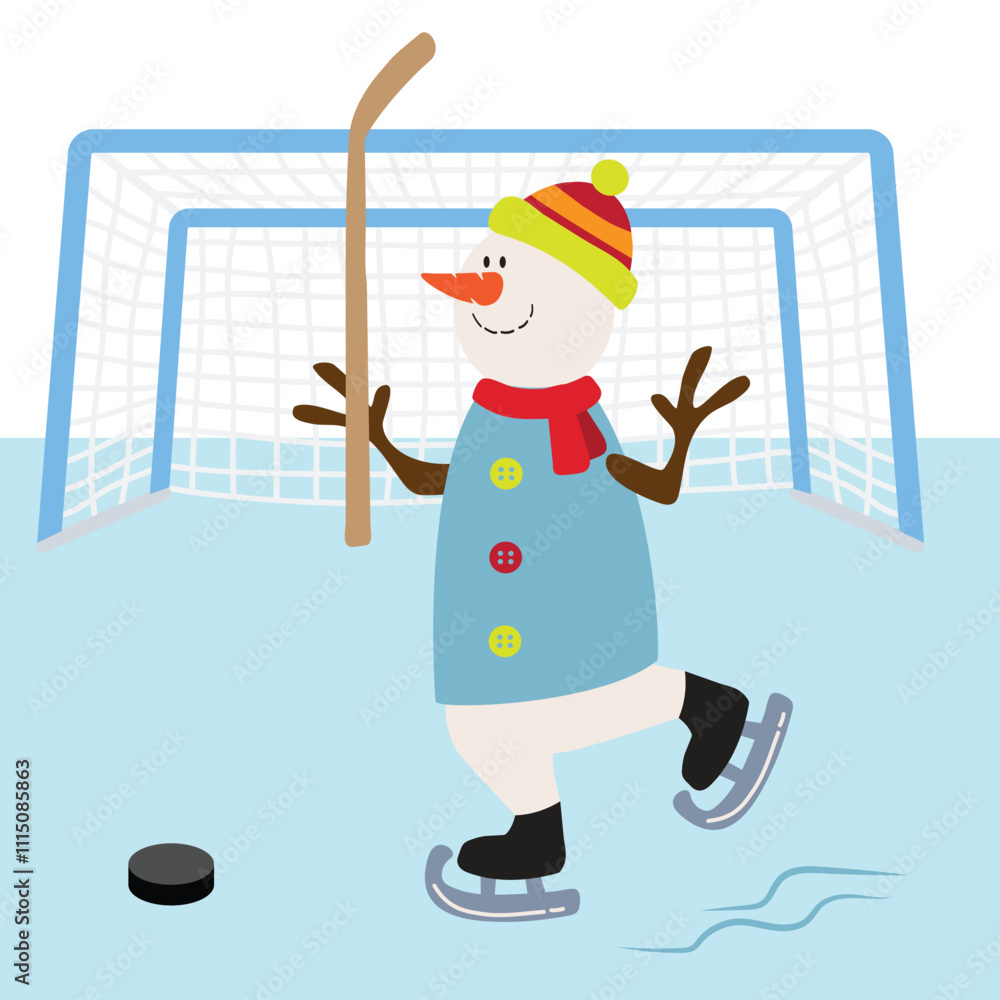 Snowman with stick and puck playing ice hockey vector cartoon ...