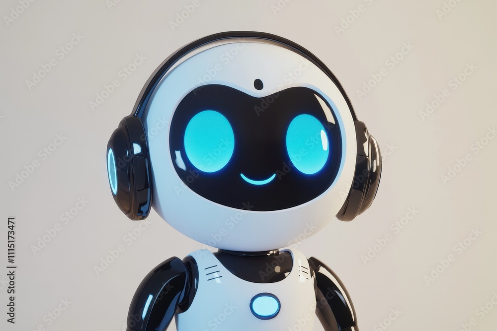Cute robot character large expressive blue eyes white and black body ...