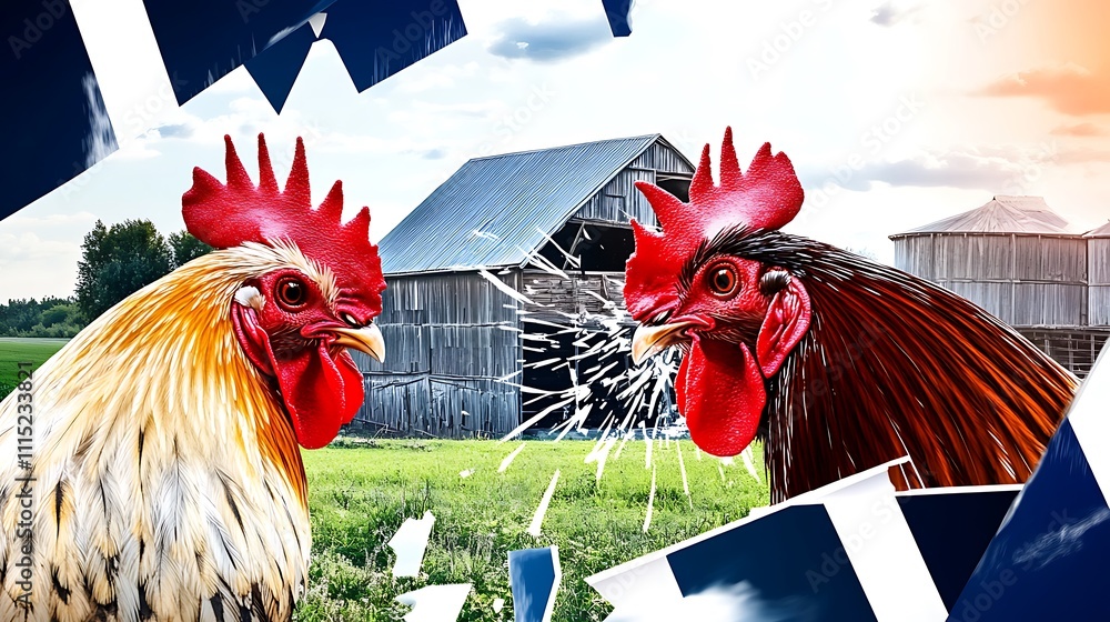 Two roosters facing off, aggressive posture, shattered glass between ...