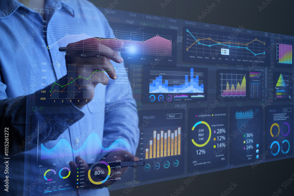 Businessman working with data management system on virtual screen ...