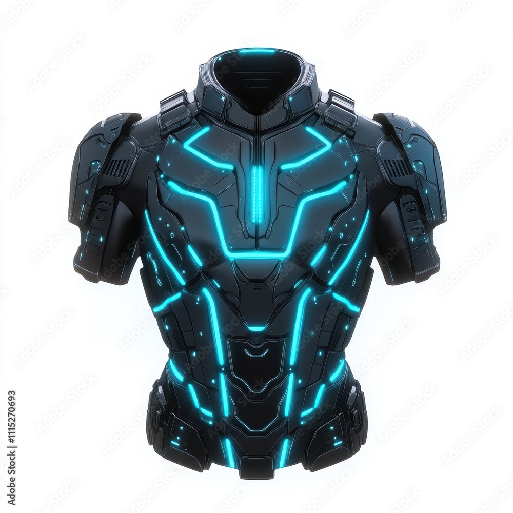 A futuristic body armor with glowing LED elements, isolated on white ...