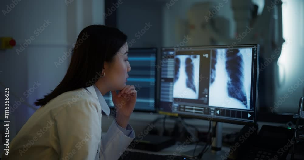 Radiologist Analyzing Chest X-rays on Multiple Monitors in a Dark Room ...