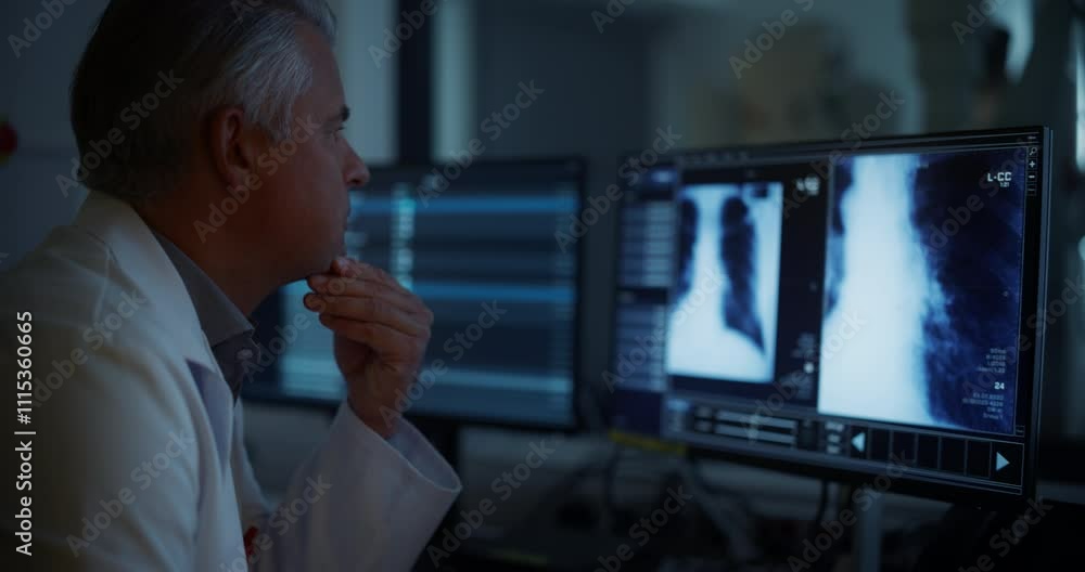 Male Doctor Inspecting X-ray Scans on an Advanced Diagnostic Software ...