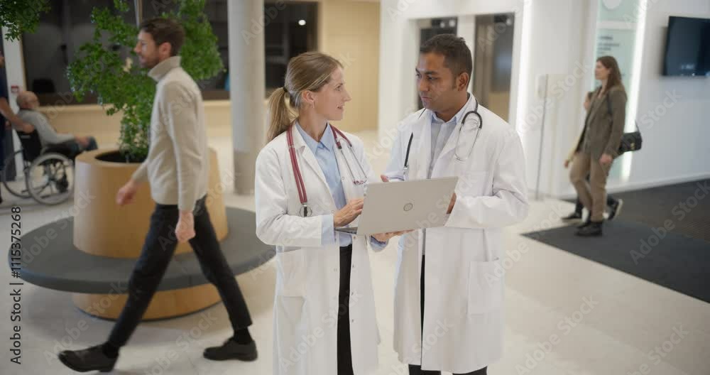 Diverse Medical Team Having a Conversation in a Hospital Lobby ...