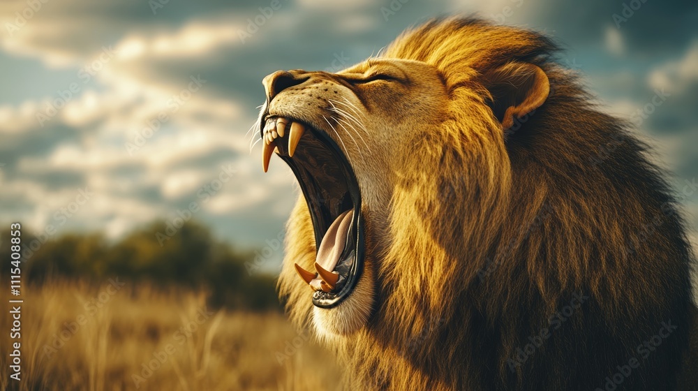 Powerful Male Lion Roaring in Golden Light Symbolizing Strength ...