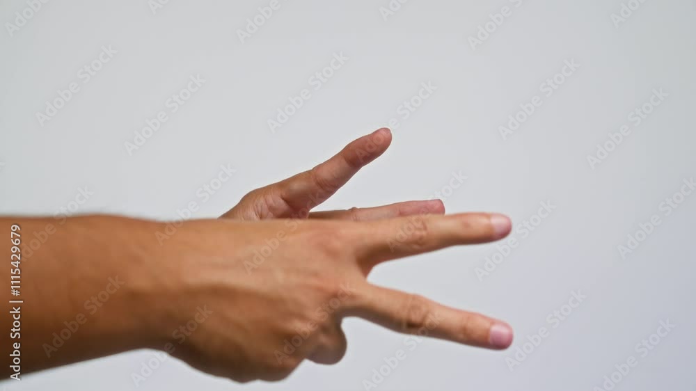 Man hand gesture showing number two with fingers extended against plain ...