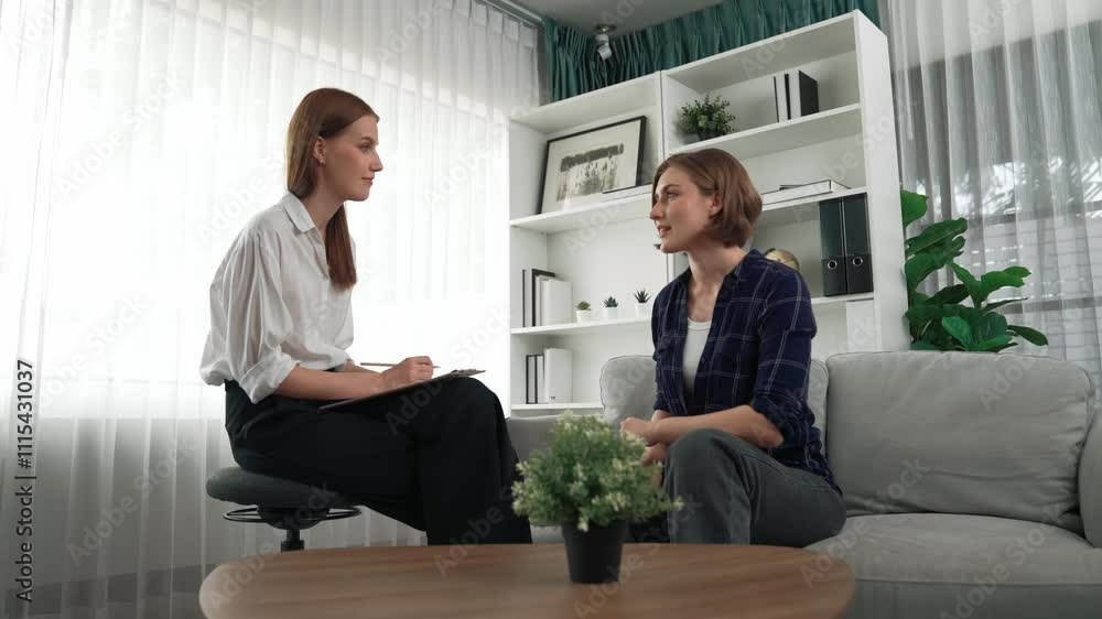 Happy patient and psychologist exchanging mental health conversation in ...
