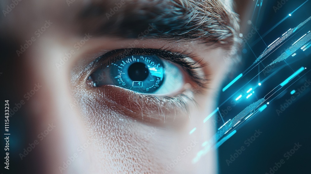 A futuristic portrait of a person with both eyes augmented, displaying real time data streams ...