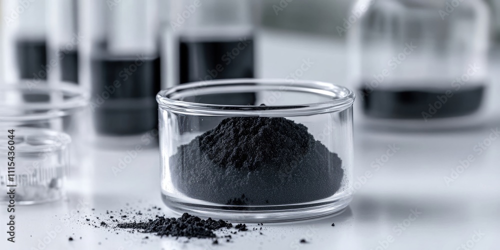 Carbon charcoal powder showcased in a chemical watch glass. This close ...