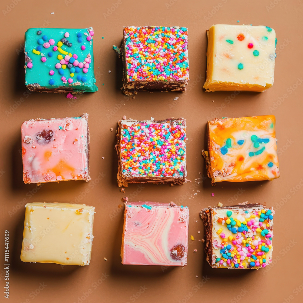 Top view of colorful fudge squares in vibrant food photography Stock ...