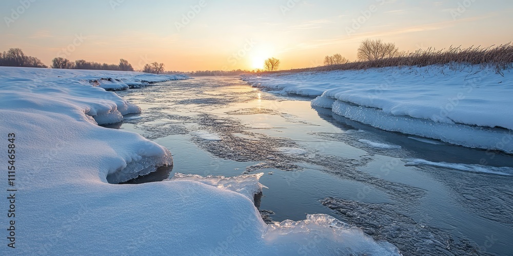 Ice flows in the river, creating a frozen landscape on the water s ...