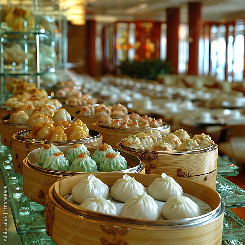 Dim sum buffet in a restaurant. Variety of steamed buns and dumplings ...