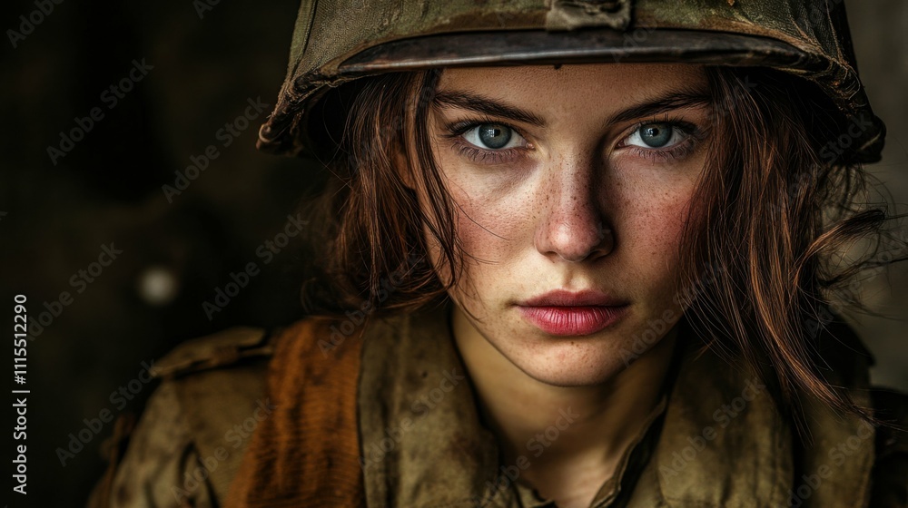 Female soldier in World War II uniform, intense gaze, historical ...