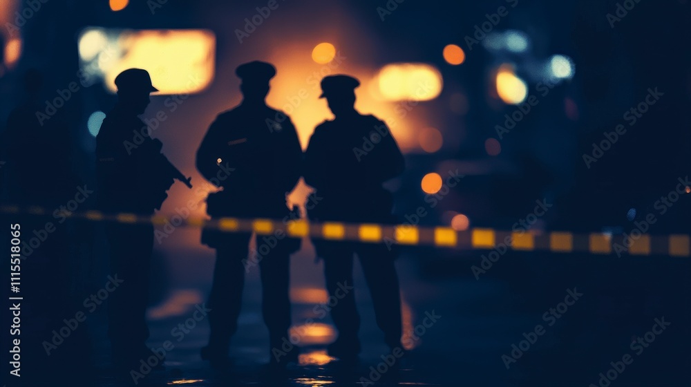 Police officers securing a crime scene in urban setting softfocus image ...