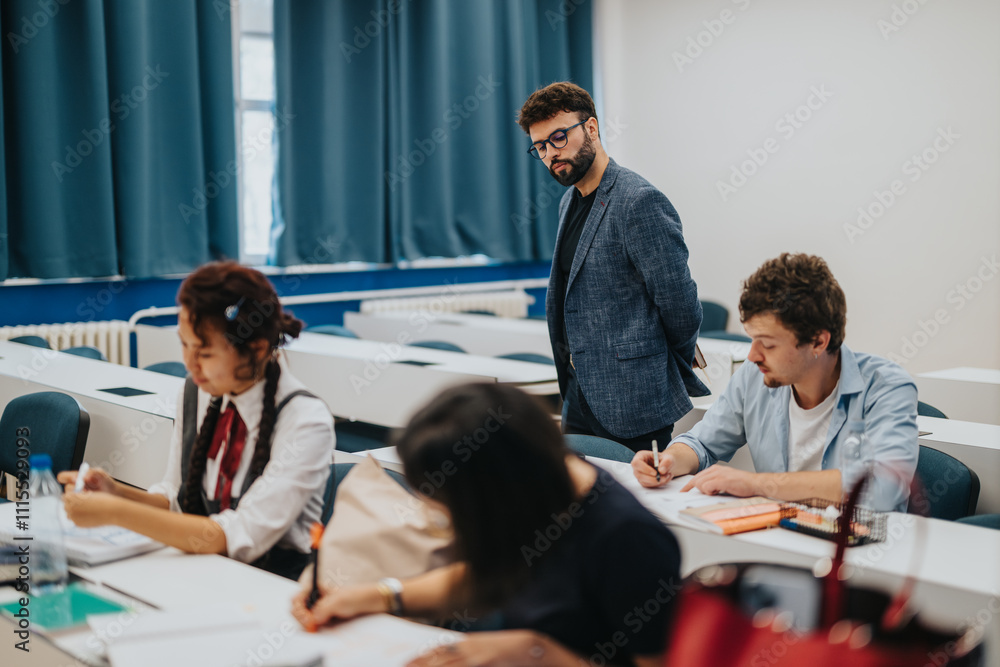 A teacher supervises a classroom filled with students focused on their ...