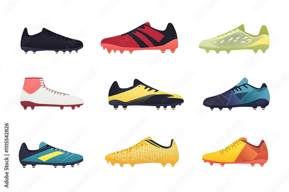 Football boots collection, various styles and colors. Nine distinct ...