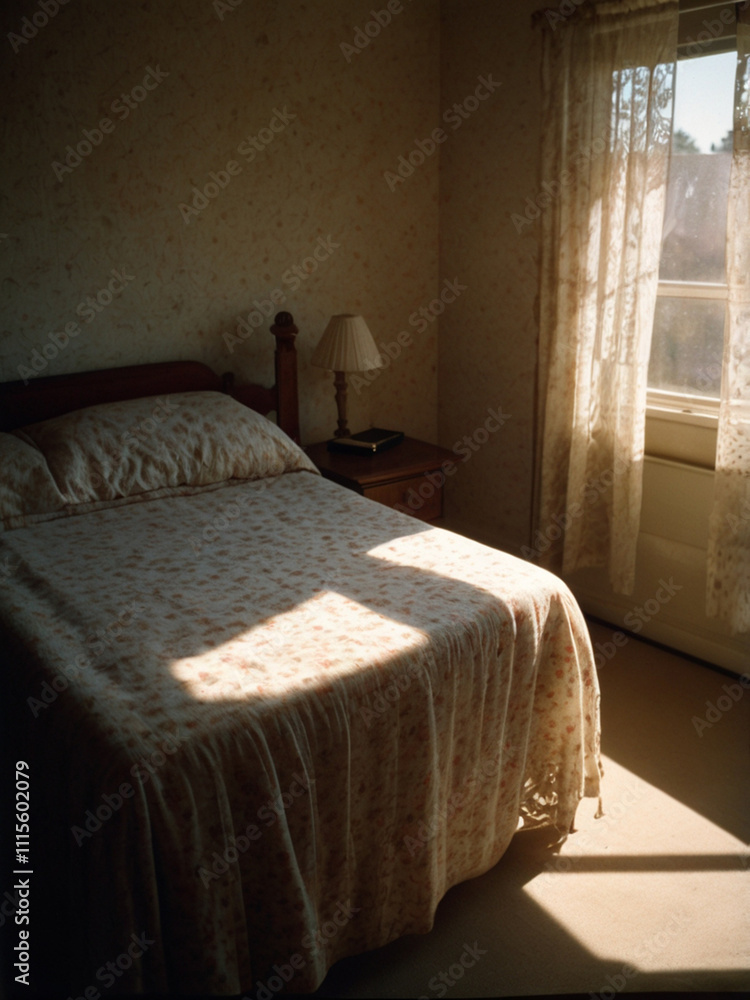 Quiet vintage granny style bedroom with floral bed sheets and sunlight ...