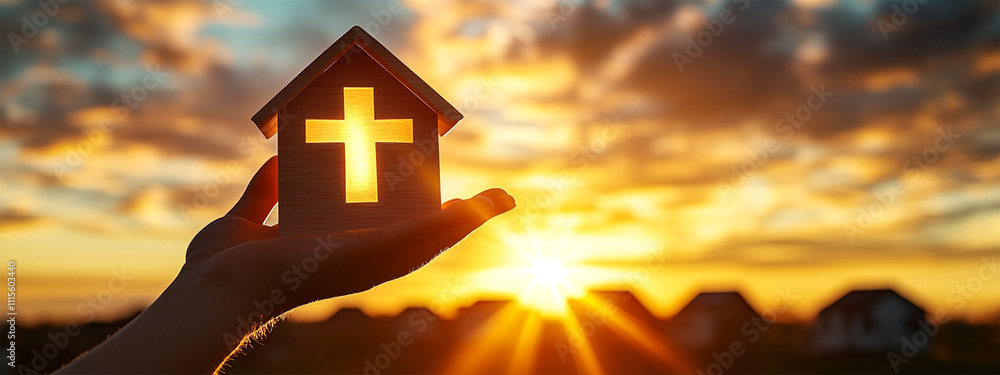 man hand silhouette sunlight with miniature church. Muslim with man ...