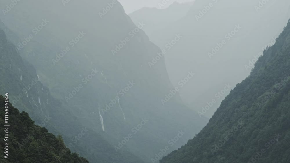 Moody Mysterious Mountain Valley Scenery in Mountains, Layers of Misty ...