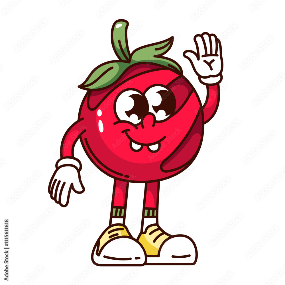 Groovy tomato cartoon character waving hand. Funny retro vegetable with ...