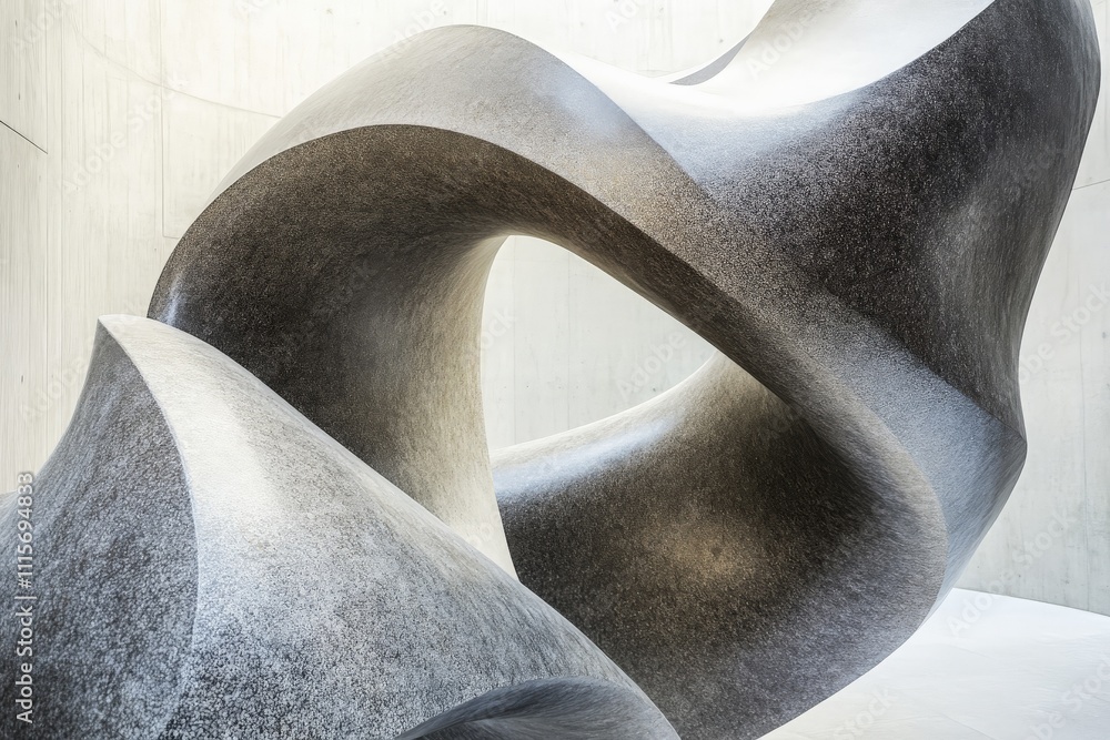 A contemporary sculpture composed of twisting metal curves creates a ...