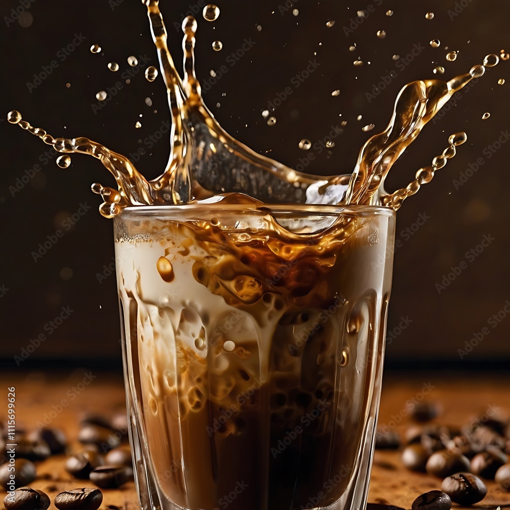 Ice Coffee Splash with Condensation and Coffee Beans, Generative AI ...