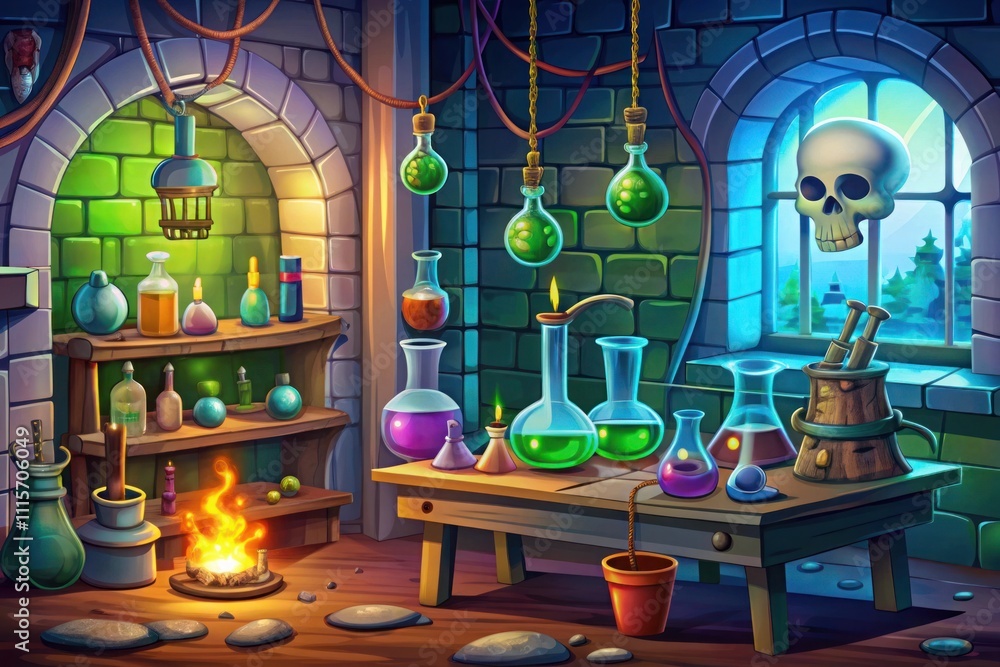 Alchemist table in witch house cartoon background. Old laboratory room ...