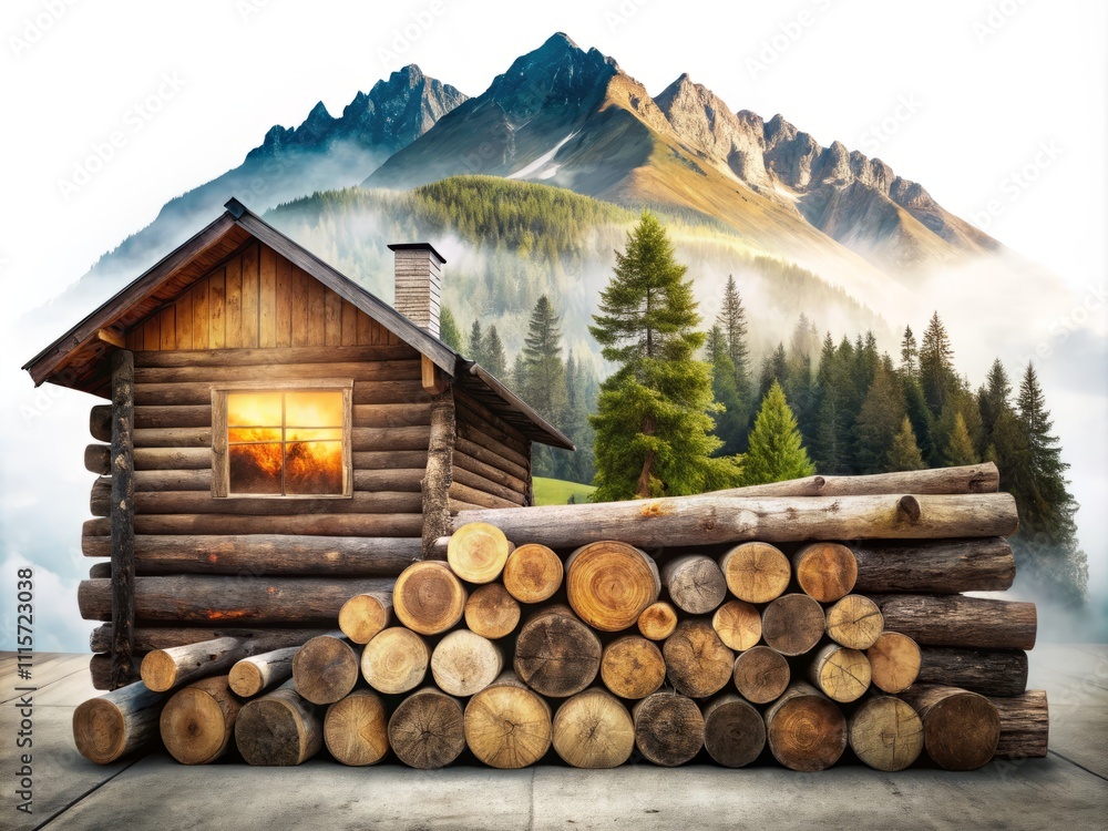 Rustic Cabin Style Double Exposure with Wooden Log Wall on White ...