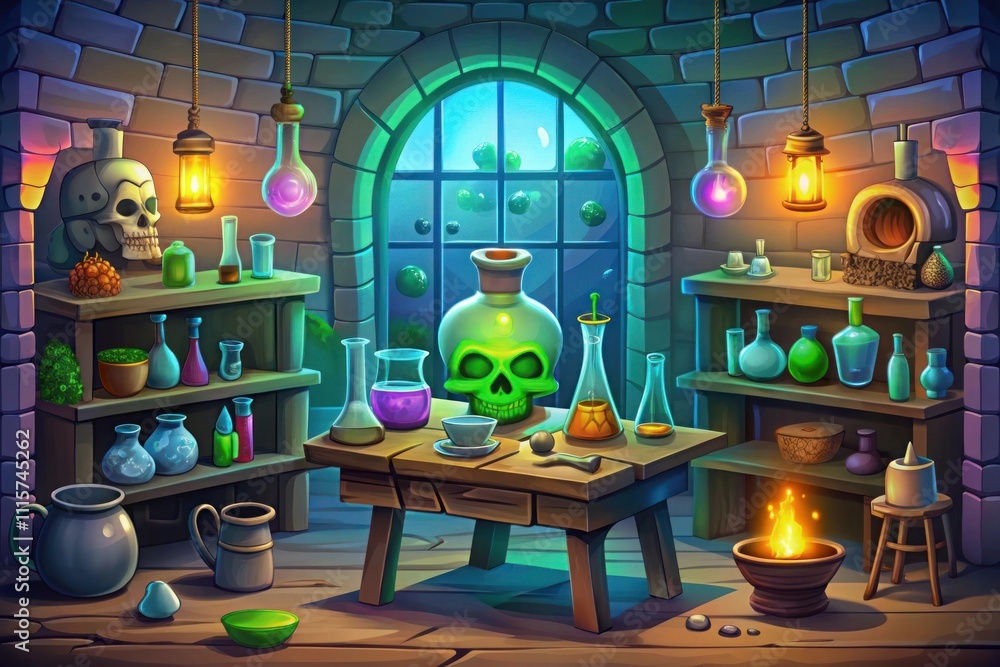 Alchemist workbench cartoon vector scenes. Skulls potions brews vials ...