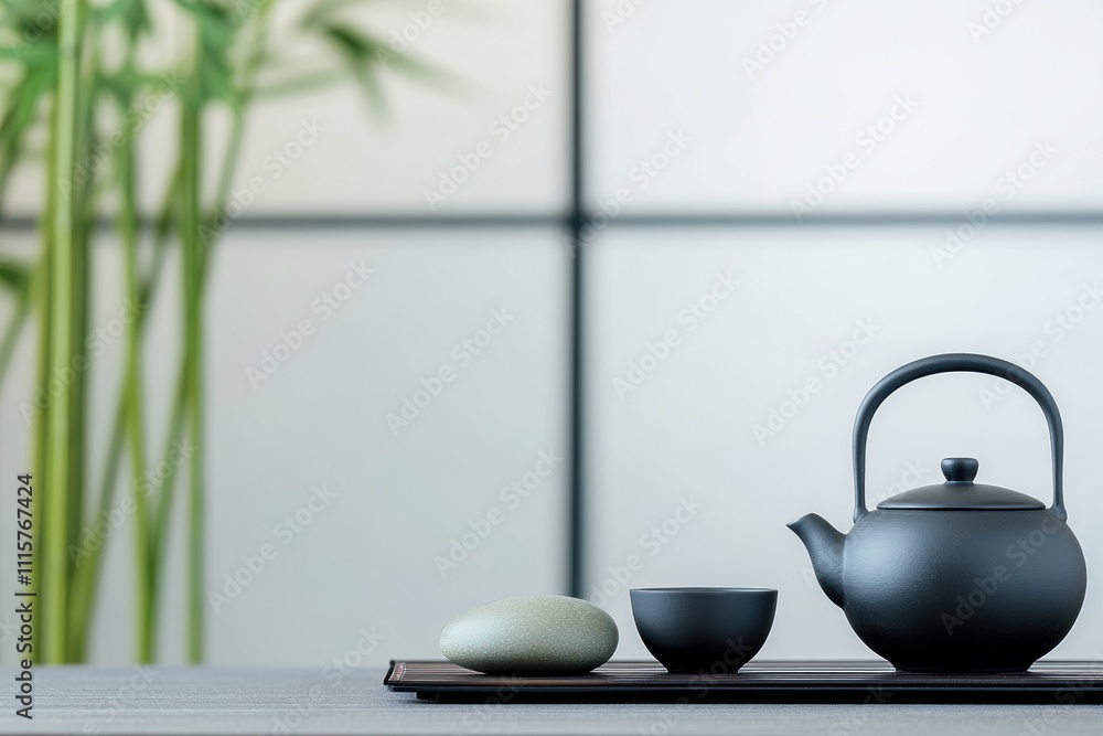 japanese tea ceremony, a japanese tea set sits on a hibachi table in a ...