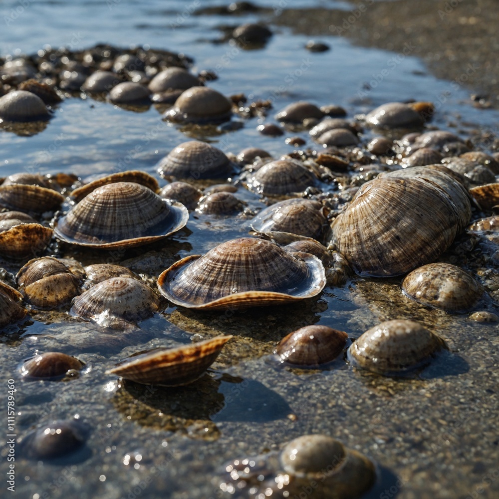 Poster A group of clams spouting water in a clear, shallow tide pool ...