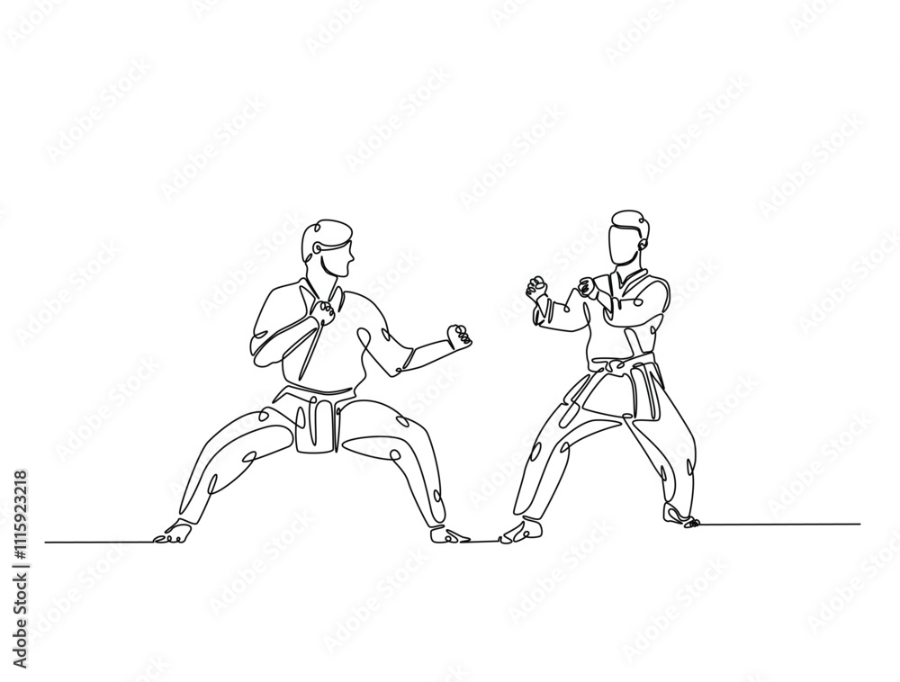 Continuous one line drawing of two figther practicing fight karate ...