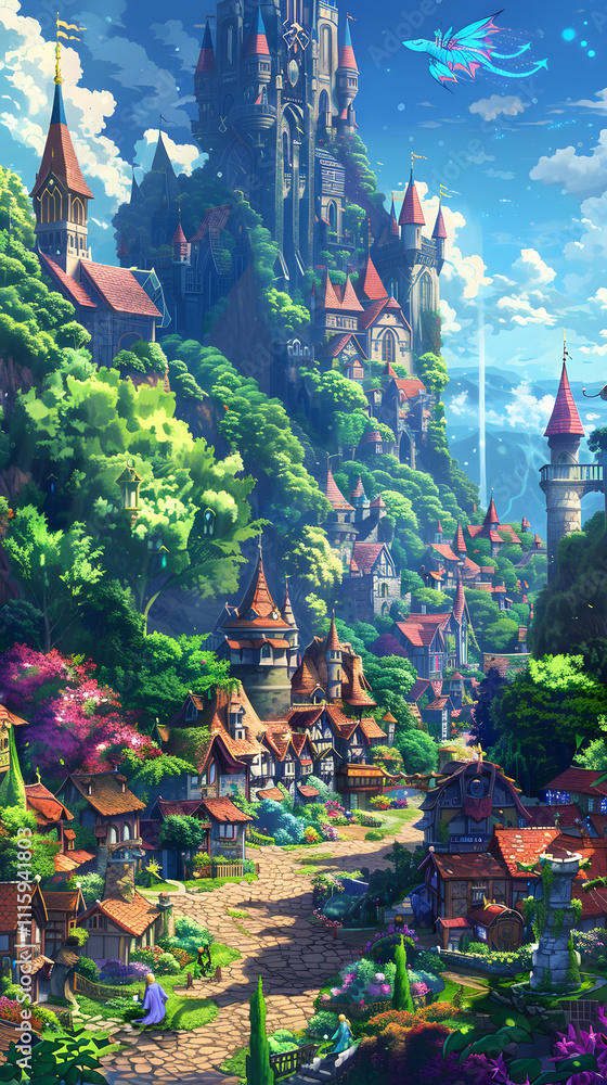 Fantasy World in Role-Playing Video Game Showcasing Vibrant Village and ...