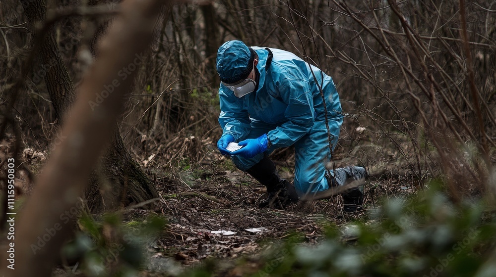 Forensic scientist in full protective suit and gloves, collecting ...